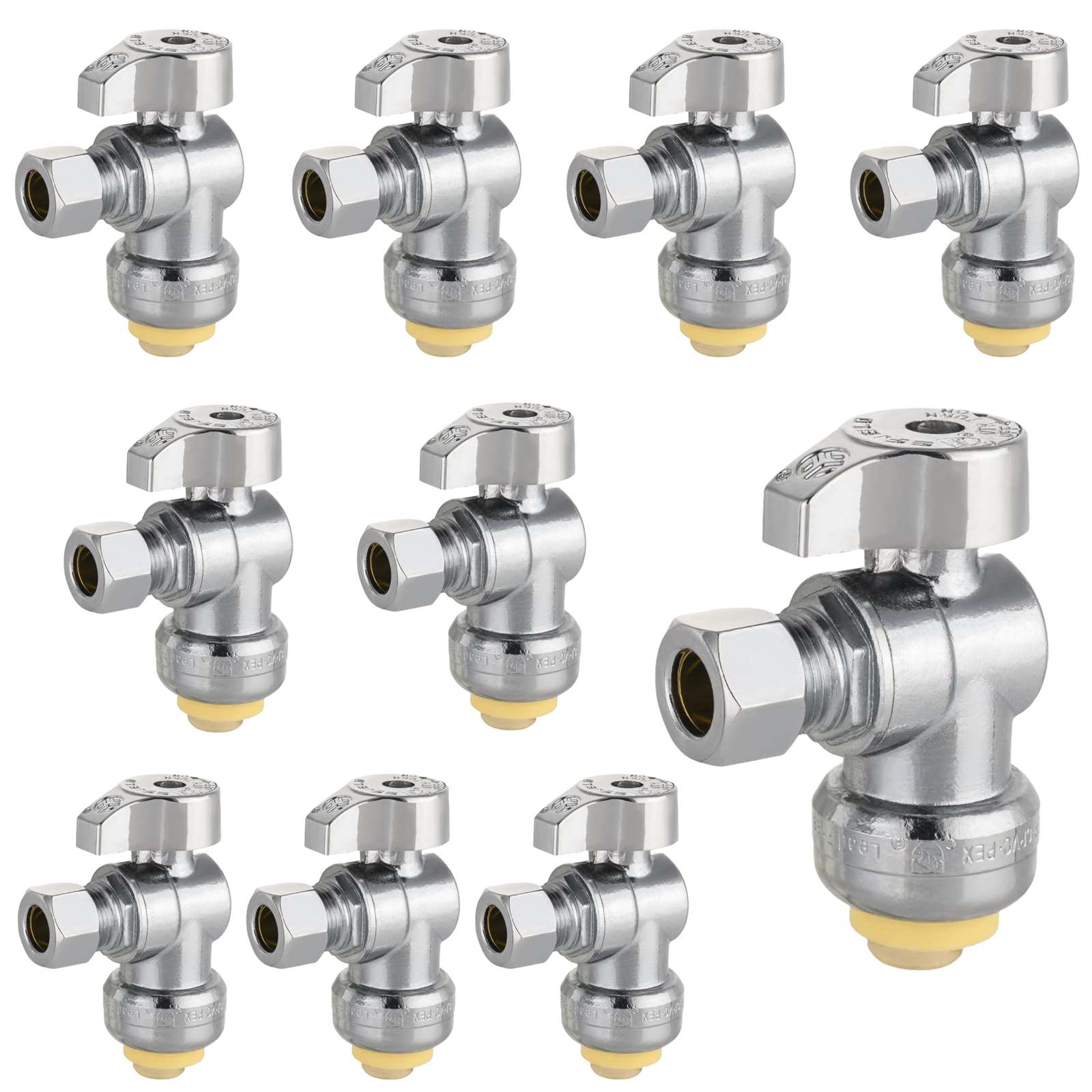 10 Pcs 1/2" Push Connect x 3/8" Compr. Angle Stop Valve, New Handle ...