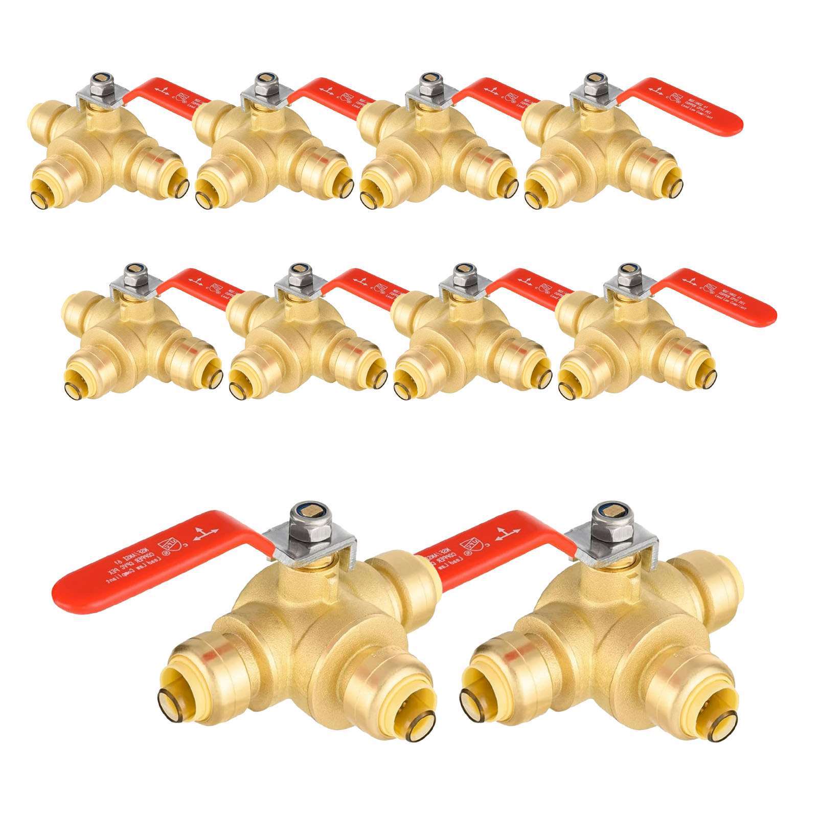 10 Pcs 1/2" Push Fit 3 Way Ball Valve, Red Lever (Lead Free)